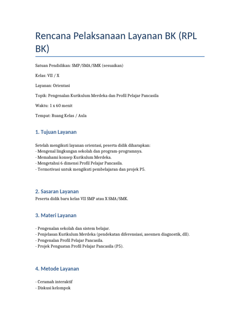 RPL BK Layanan Orientasi Kurikulum Merdeka | PDF