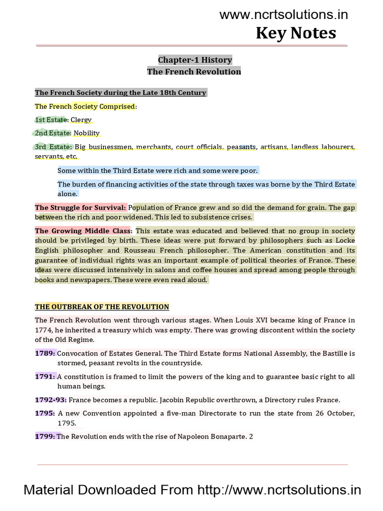 09 Social Science Key Notes History ch1 The French Revolution | PDF ...