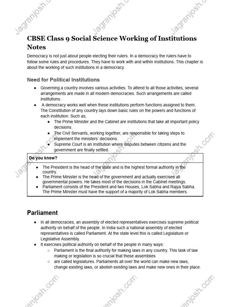 Cbse Class 9 Social Science Working of Institutions Notes | PDF ...