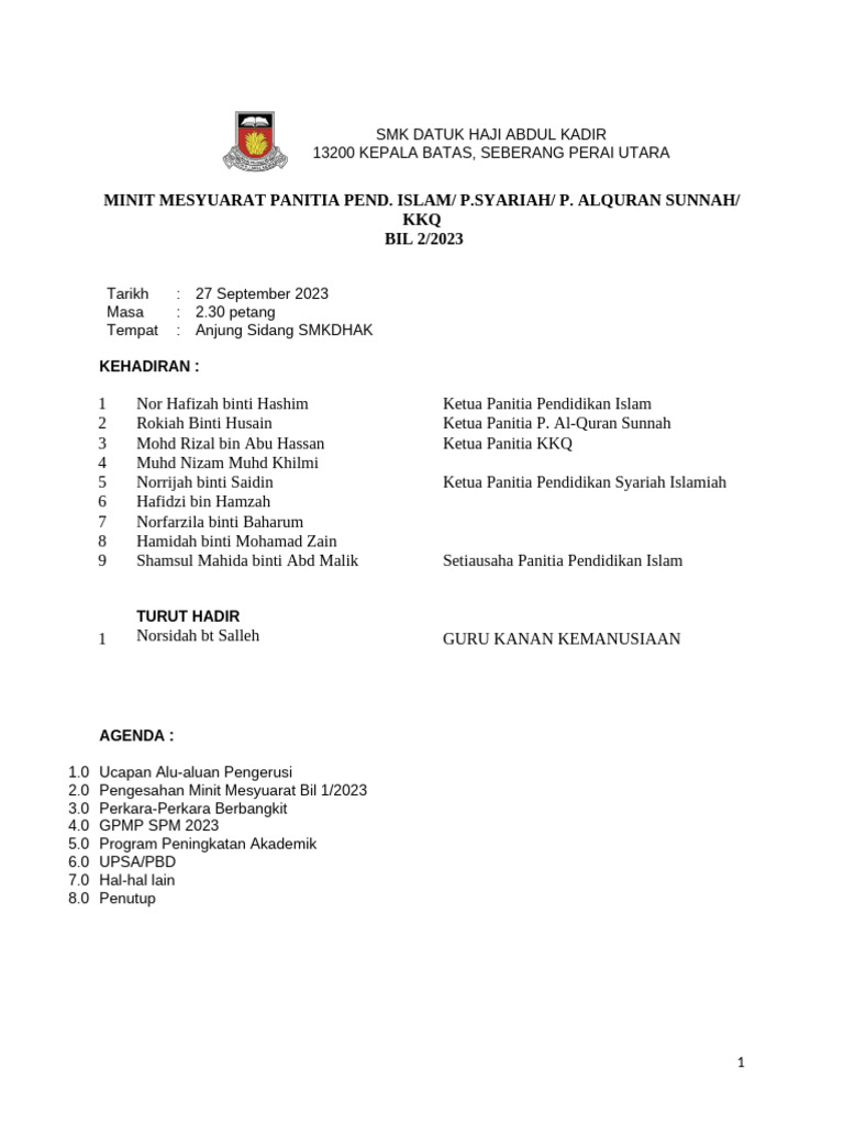 Minit Mesyuarat Panitia Bil 2 2023 | PDF