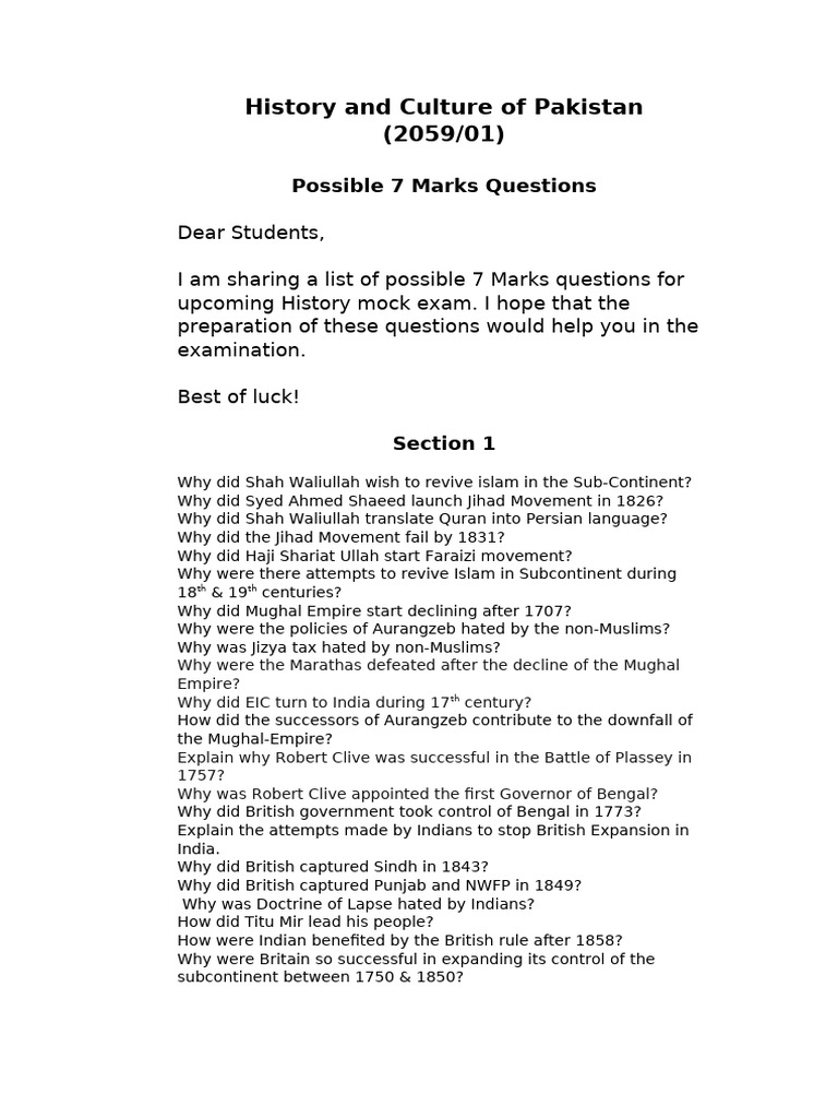 History possible 7 Marks questions | PDF | All India Muslim League ...
