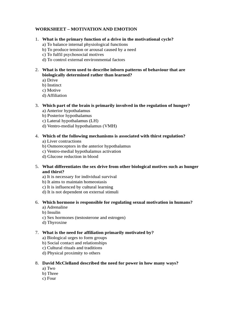Theories of Emotion Worksheet | PDF | Hypothalamus | Motivation