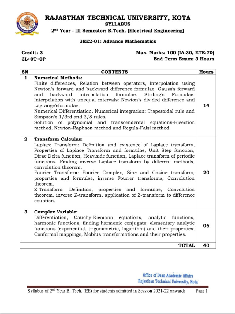 3rd Year Electrical Engineering Advance Mathematics Syllabus | PDF