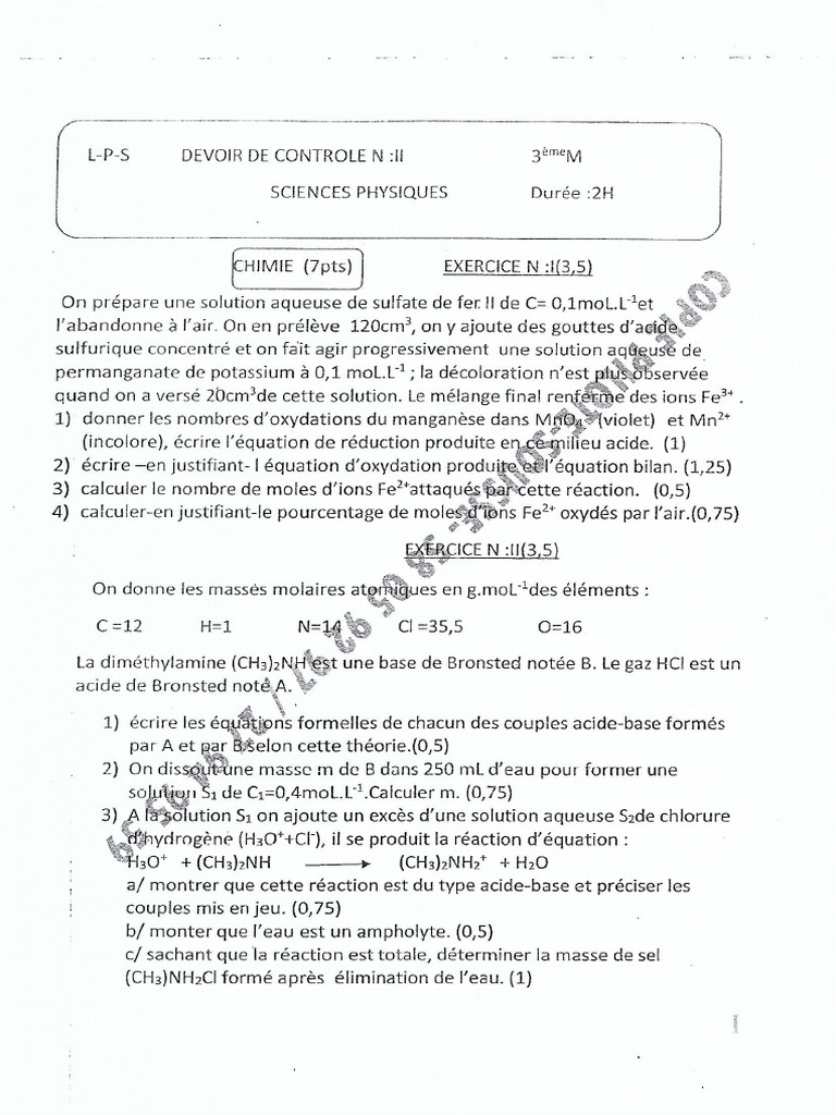 Devoir Physique Controle 2 3eme Math | PDF
