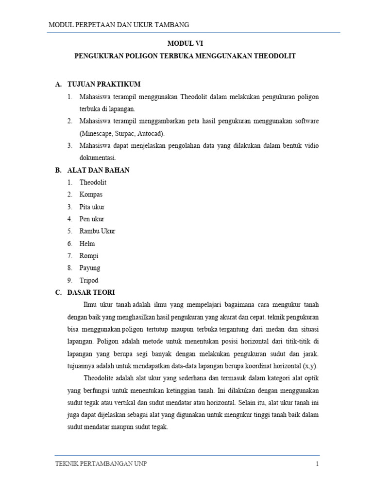 Modul VI Pengukuran Poligon Terbuka Dengan Theodolite (1) | PDF