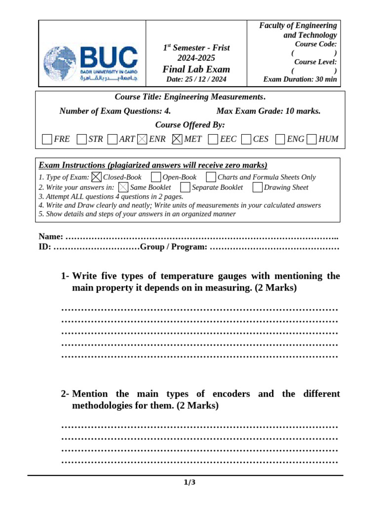 Final Lab Exam - MET - A1 (AutoRecovered) | PDF | Pressure Measurement