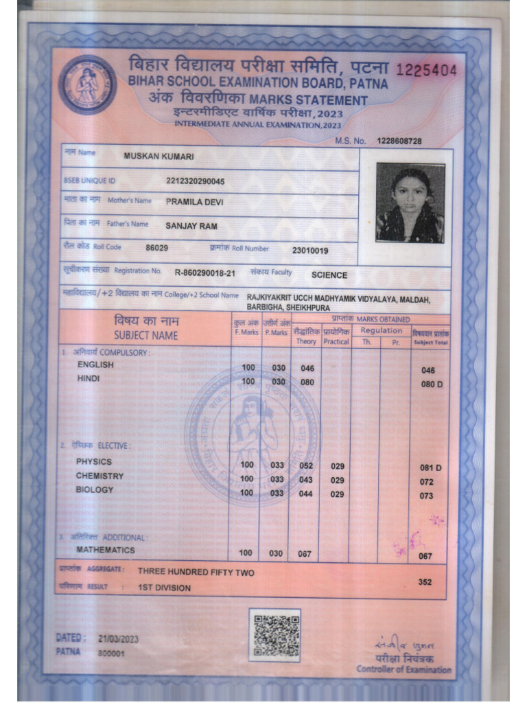 Muskan Inter Marksheet 001 | PDF
