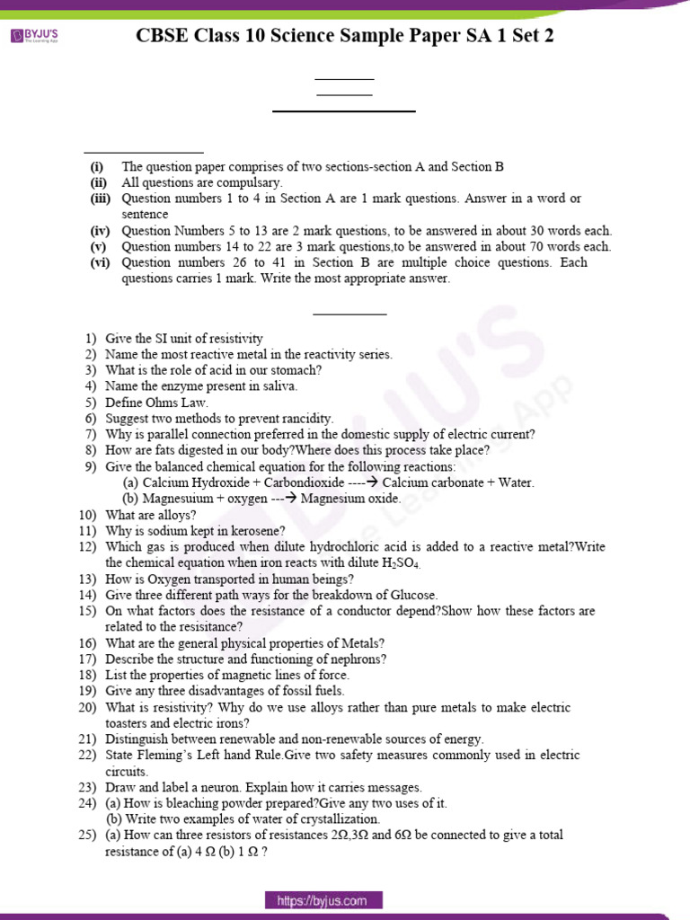 CBSE Class 10 Science Sample Paper SA 1 Set 2 4 | PDF | Magnesium | Taste
