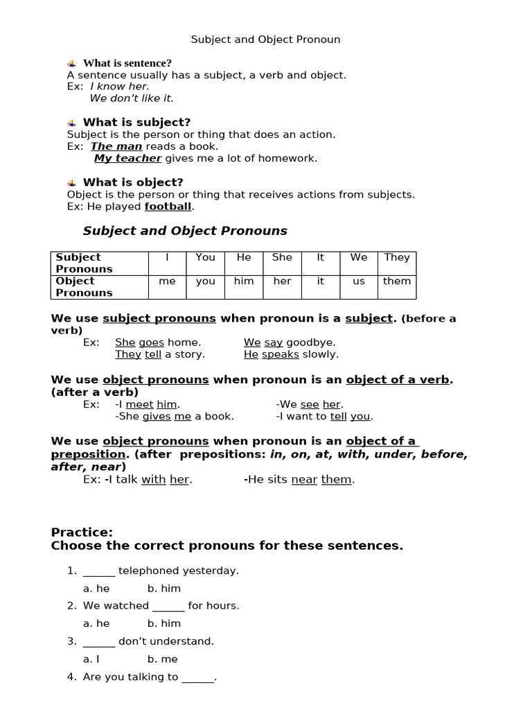 Pronouns Subj+Obj Notes and Exercise | PDF | Verb | Subject (Grammar)