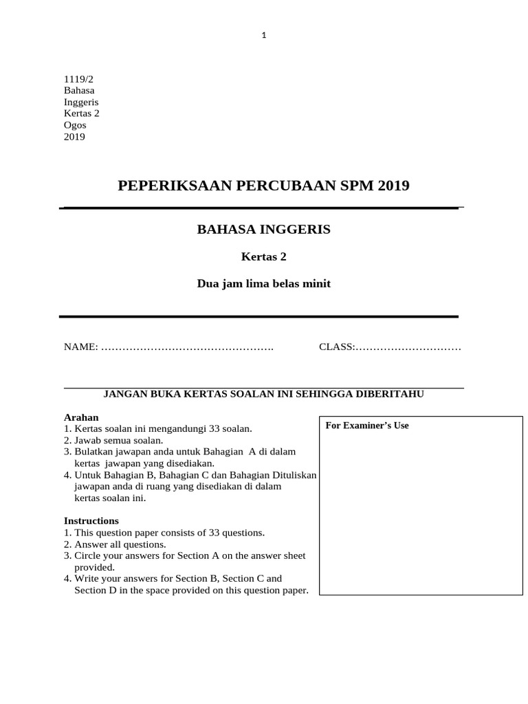 Bahasa Inggeris K2 Trial SPM PPD Kudat Sabah 2019 | PDF | Salad