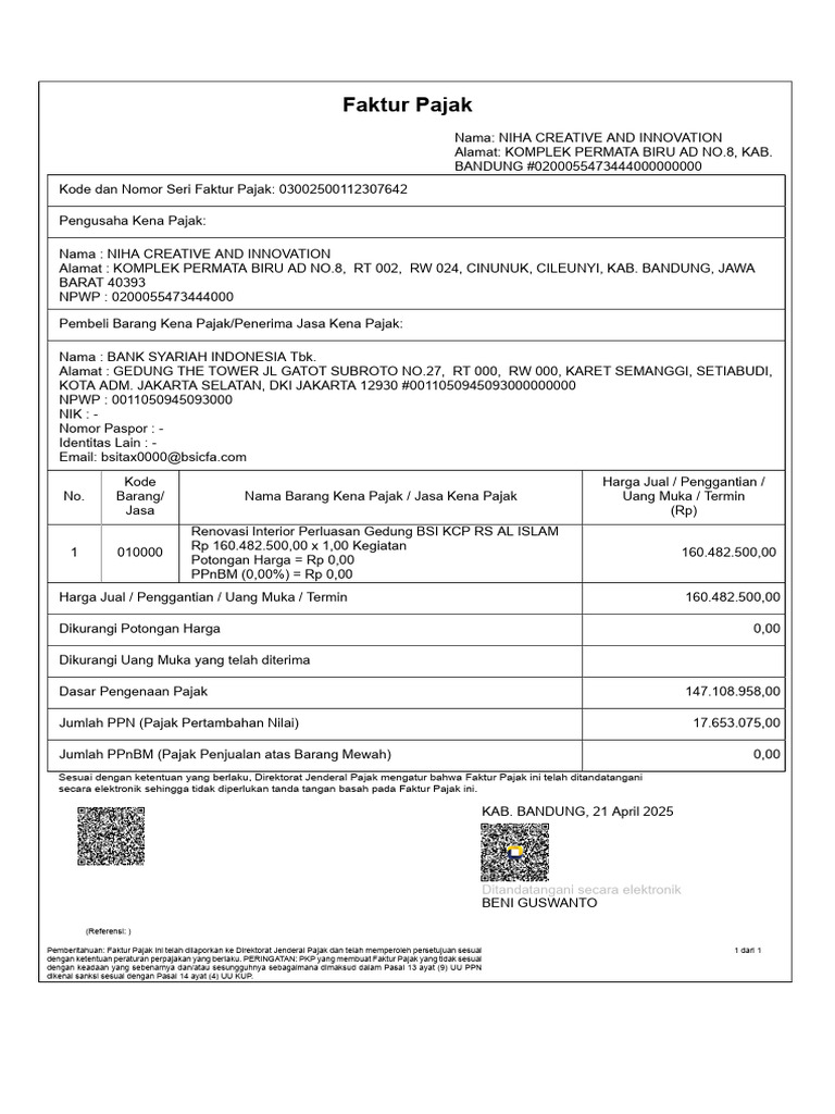 Faktur Pajak Renovasi Interior BSI KCP AL ISLAM | PDF