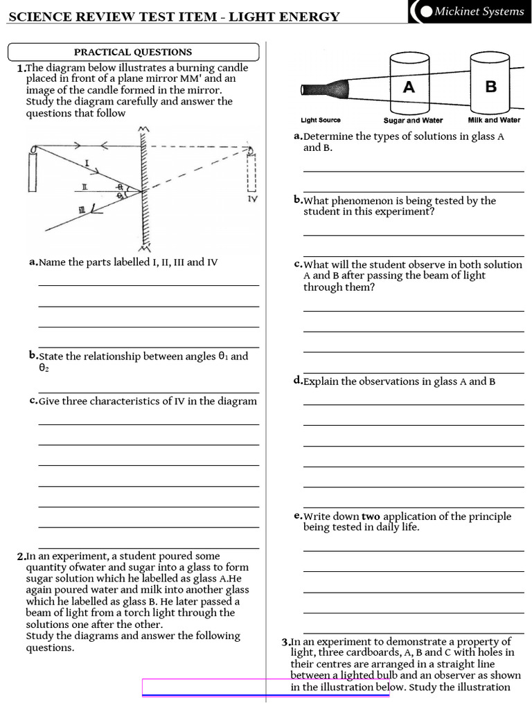Light Energy Review Test Questions | PDF | Shadow | Reflection (Physics)
