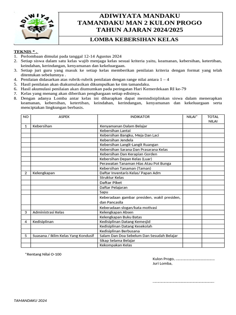 Kriteria Lomba Kebersihan Kls | PDF