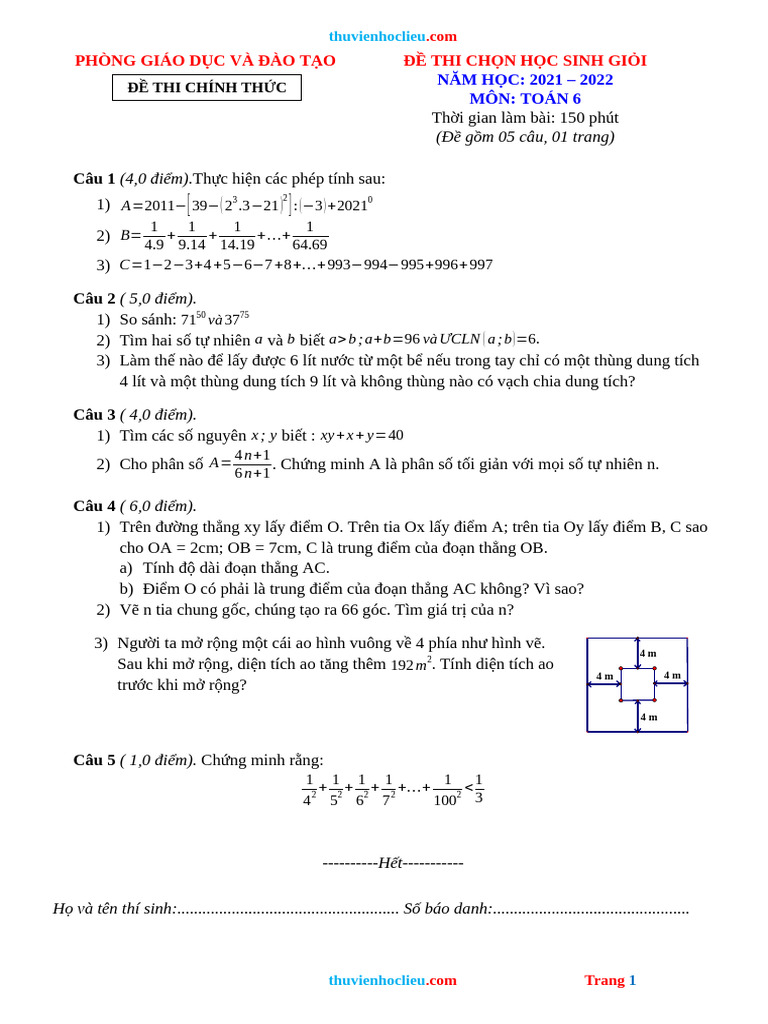 De Thi HSG Toan 6 Nam 2021 2022 Co Dap An | PDF