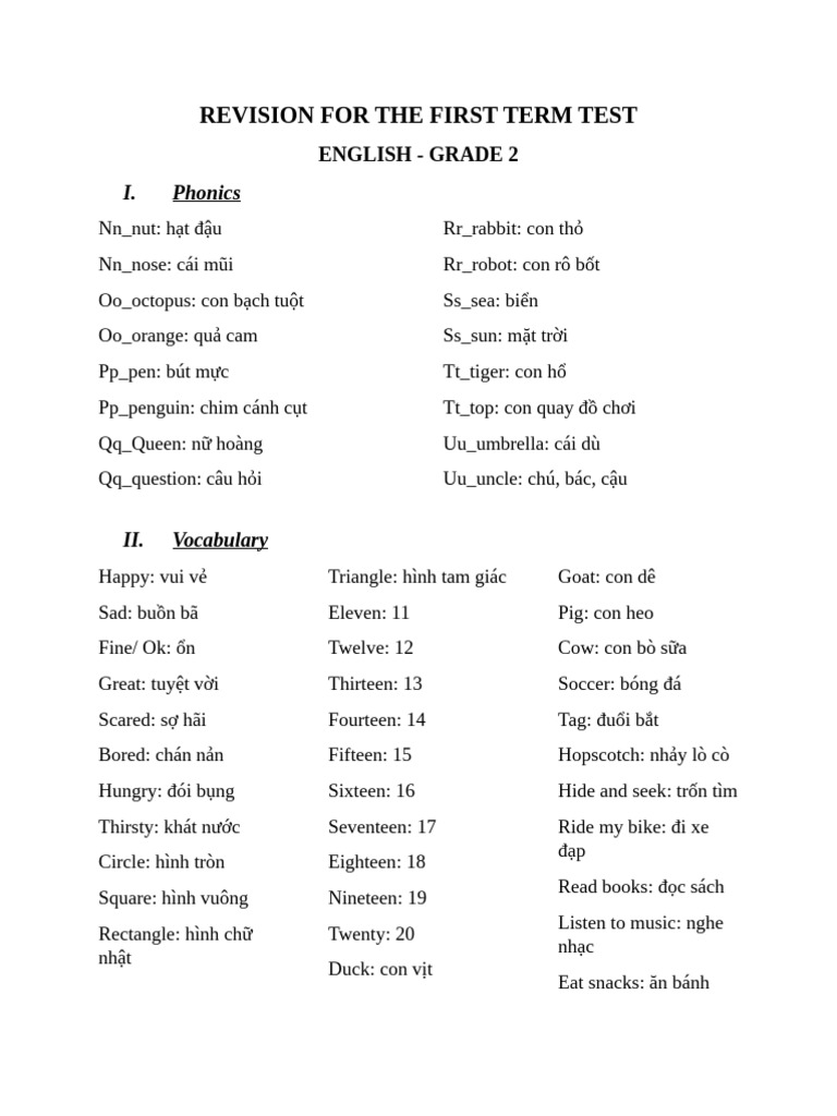 Revision For The First Term Test Grade 2 | PDF