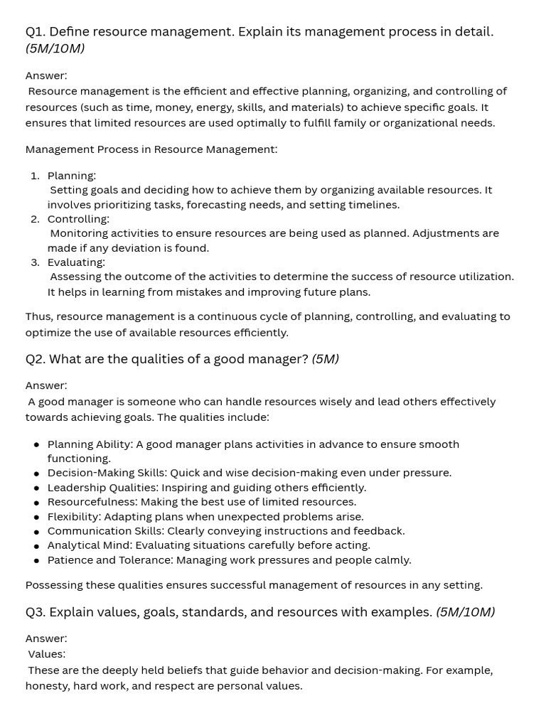 Q1. Define Resource Management. Explain Its Management Process in ...