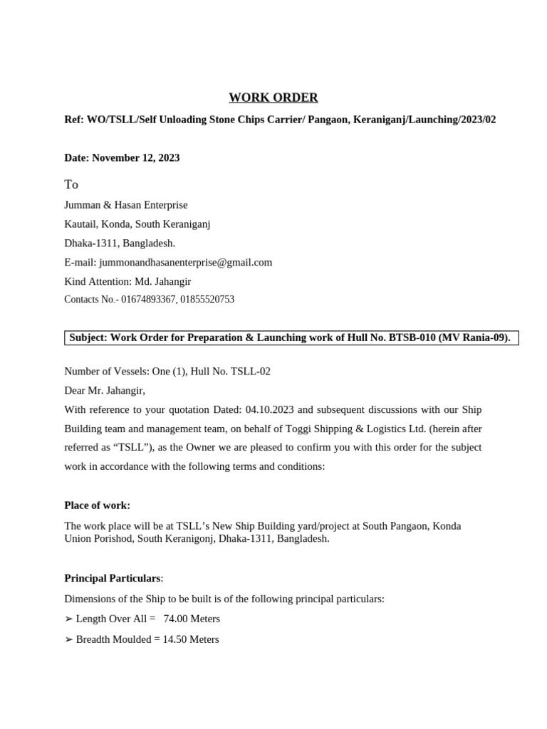 02.Work Order for Preparation & Launching work of 2150 DWT Self Unloading Stone Chips Carrier ...