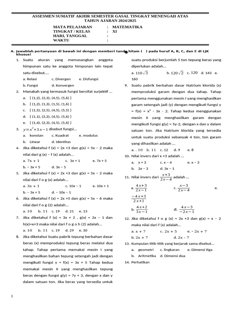 Soal Pas Matematika Wajib Kelas Xi | PDF