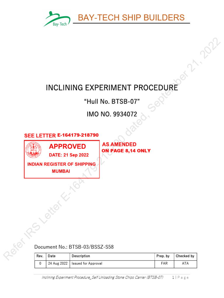 Inclining Experiment Procedure BTSB-07 | PDF | Ships | Watercraft