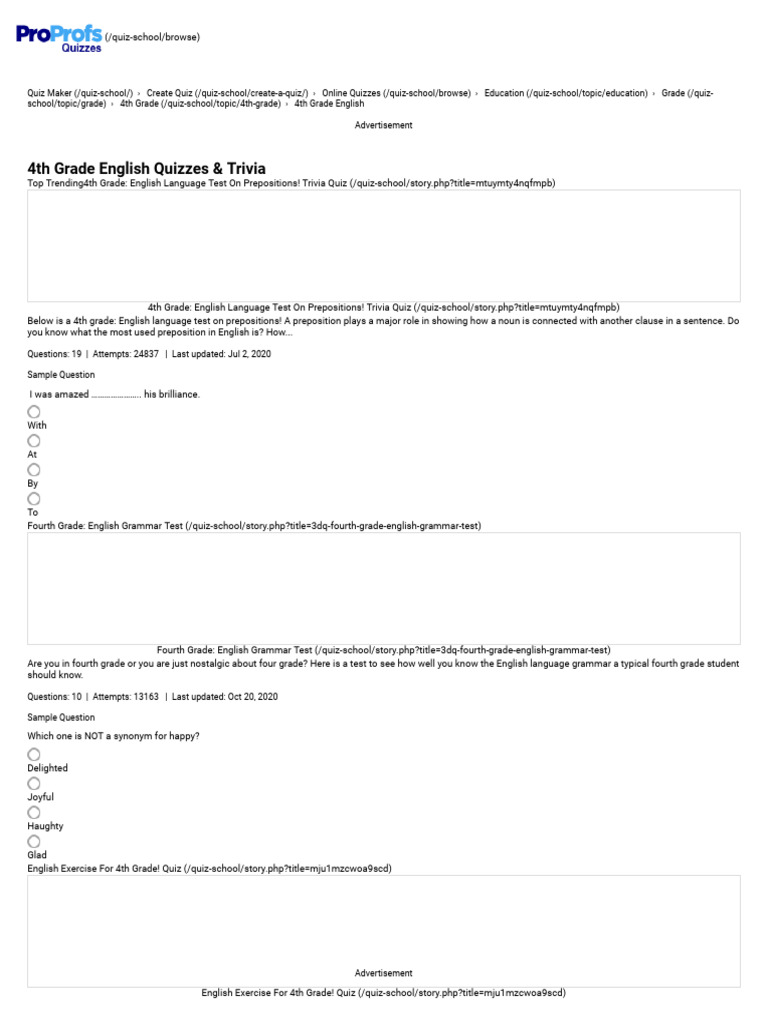 4th Grade English Quizzes Online, Trivia, Questions & Answers - ProProfs Quizzes | PDF | Quiz ...