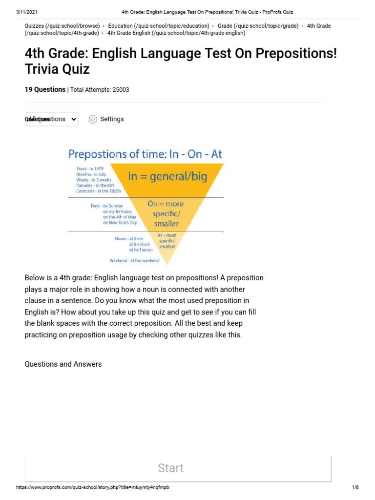 4th Grade - English Language Test On Prepositions! Trivia Quiz ...