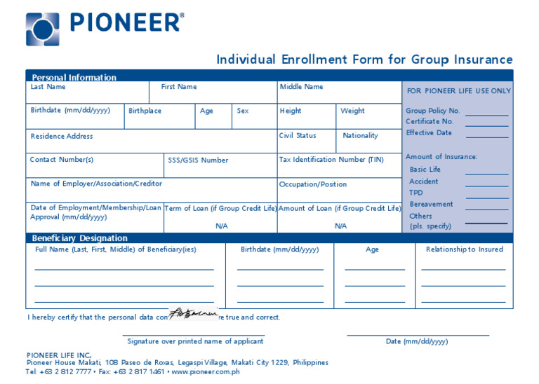 Individual Enrollment Form Short Form - Editable 1 2 | PDF