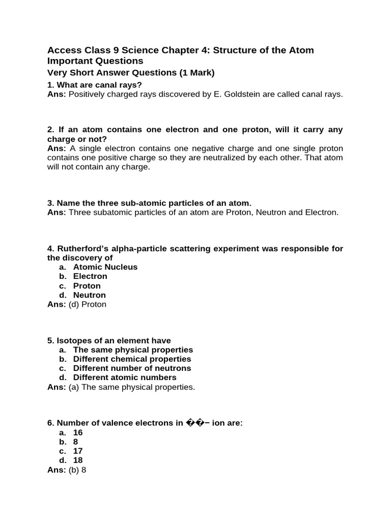 Access Class 9 Science Chapter 4 | PDF | Atoms | Proton