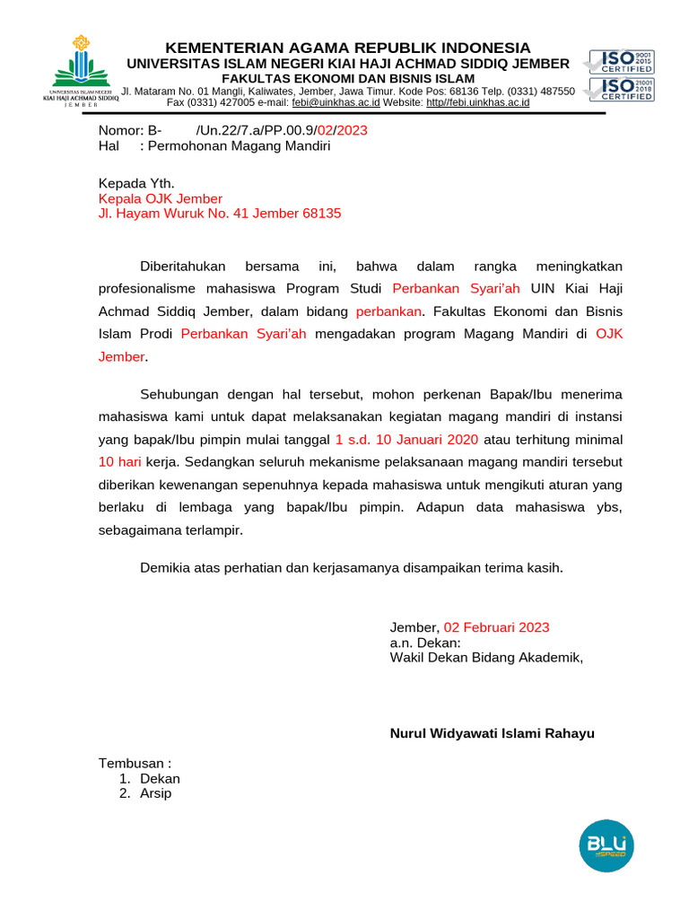 Permohonan Magang Mandiri | PDF