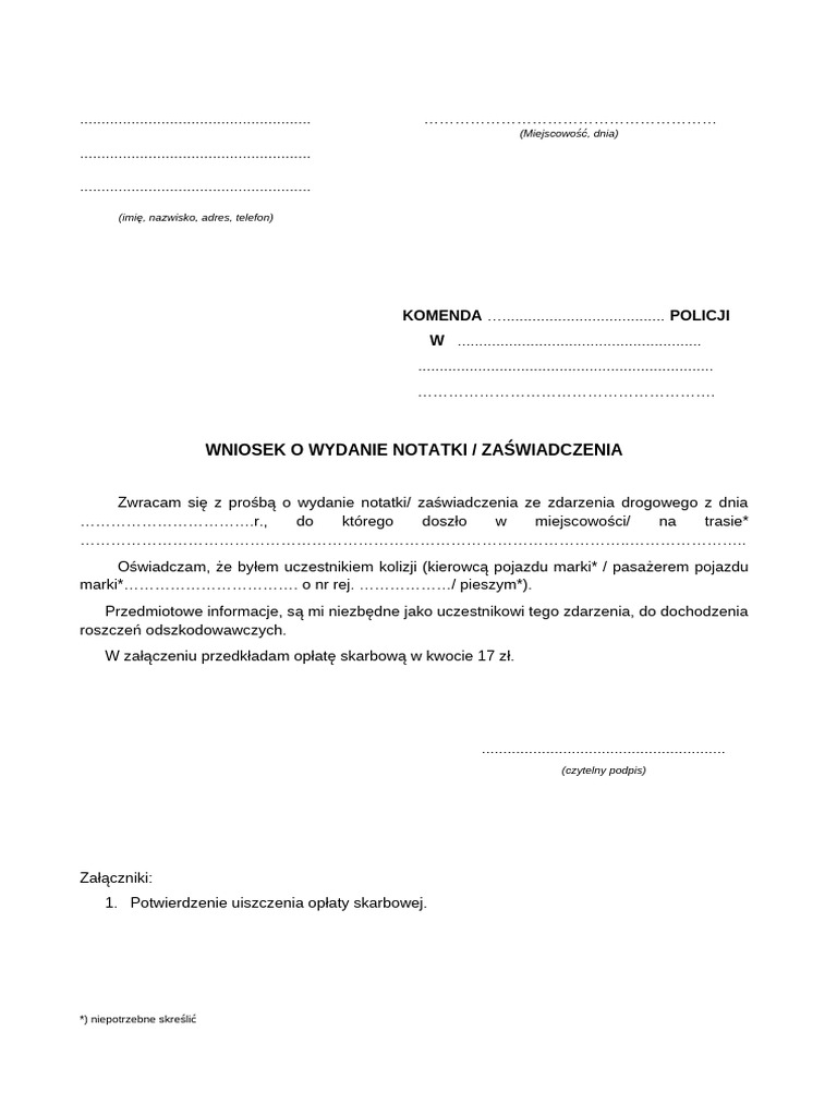 Wniosek o Wydanie Notatki Policyjnej | PDF