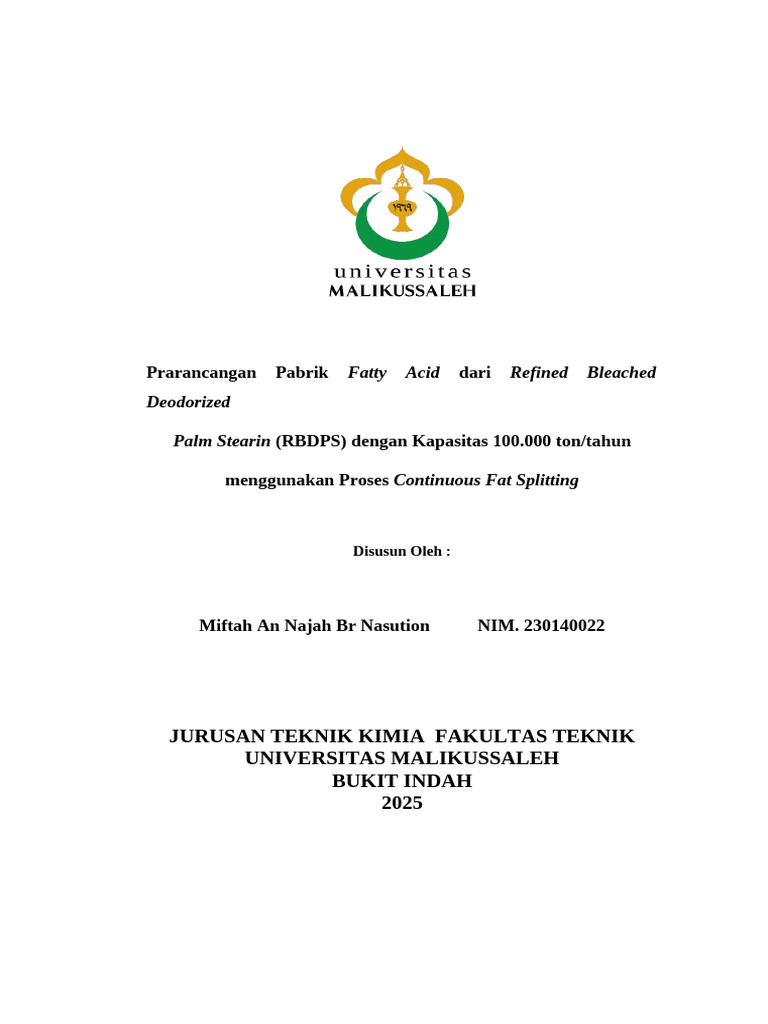 Prarancangan Pabrik Asam Lemak dari RBDPS | PDF