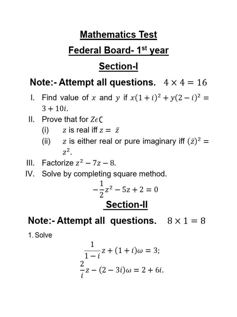 Mathematics 1st Year Test (Federal) | PDF