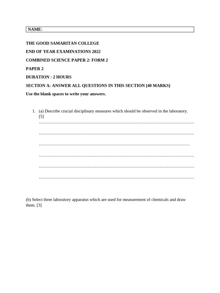 Form 2 End of Year Exam 2022 | PDF | Heart | Chemistry