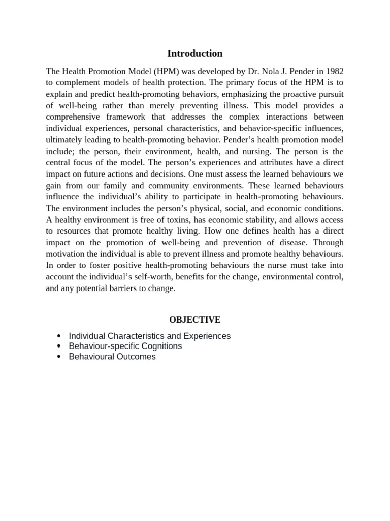 Penders Health Promotion Theory | PDF | Behavior | Self Efficacy