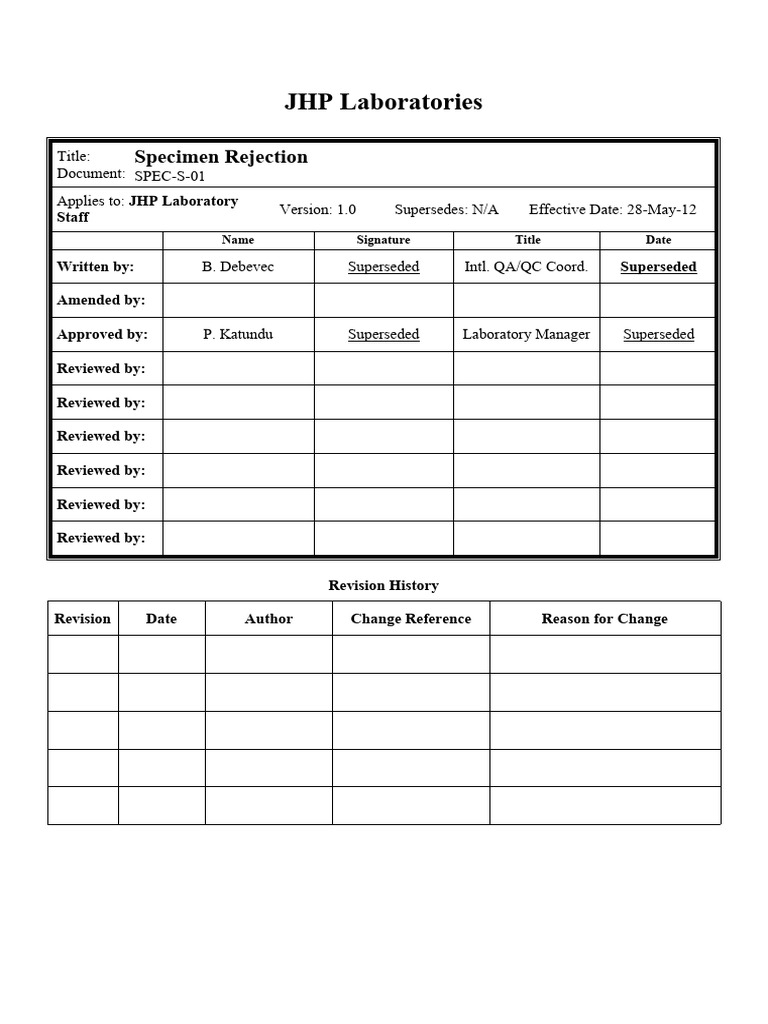 RDP 803 Example Specimen Rejection SOP Blank Copy Id 10212567 | PDF
