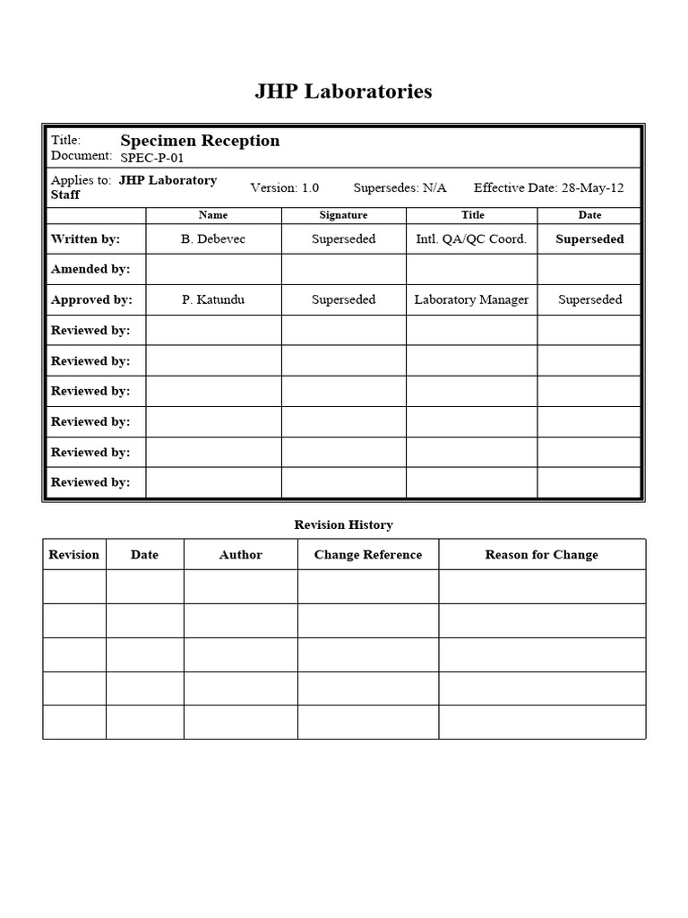 RDP 802 Example Specimen Reception SOP Blank Copy Id 10212565 | PDF