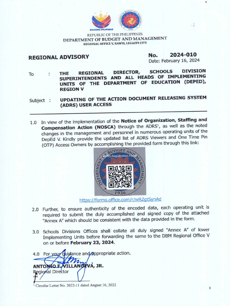 DBM ROV - Regional Advisory No 2024-010 - Updating of The Action Document Releasing System User ...