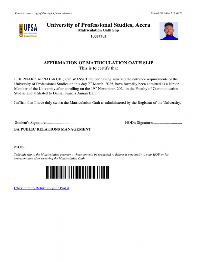 Matriculation Slip.1 | PDF