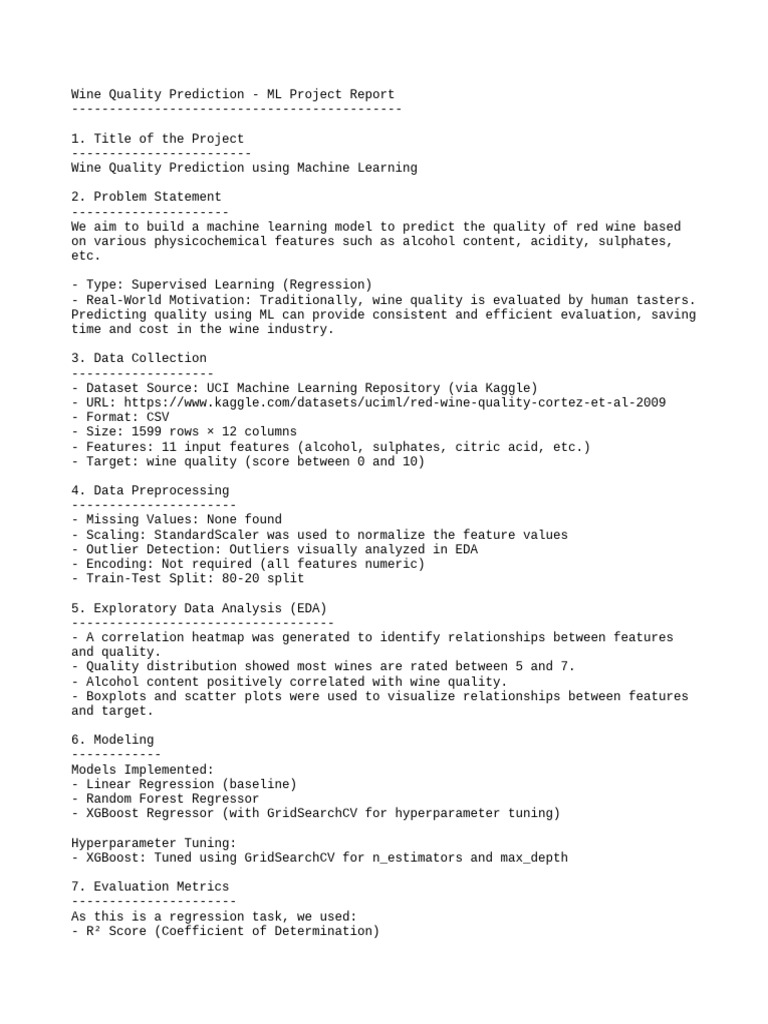 Wine Quality Prediction Report | PDF | Machine Learning | Regression ...