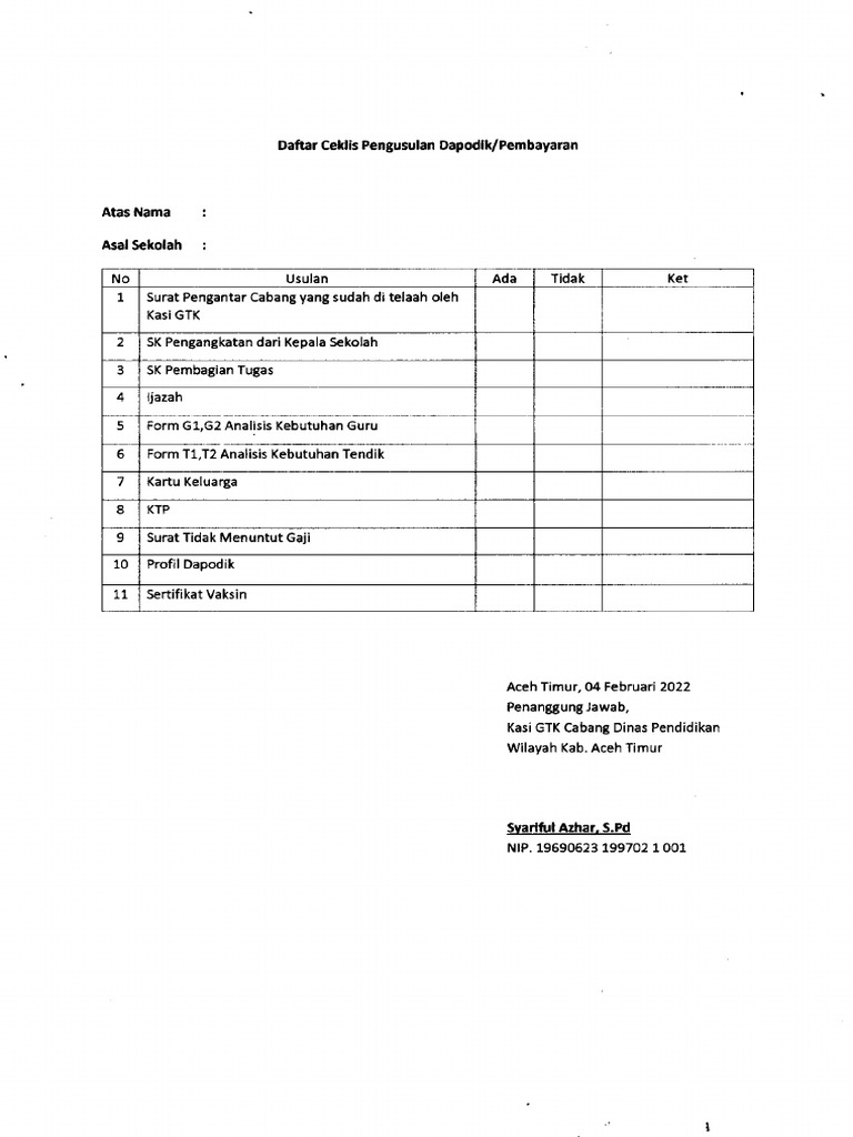Daftar Ceklis Pengusulan Dapodik Atau Pembayaran | PDF