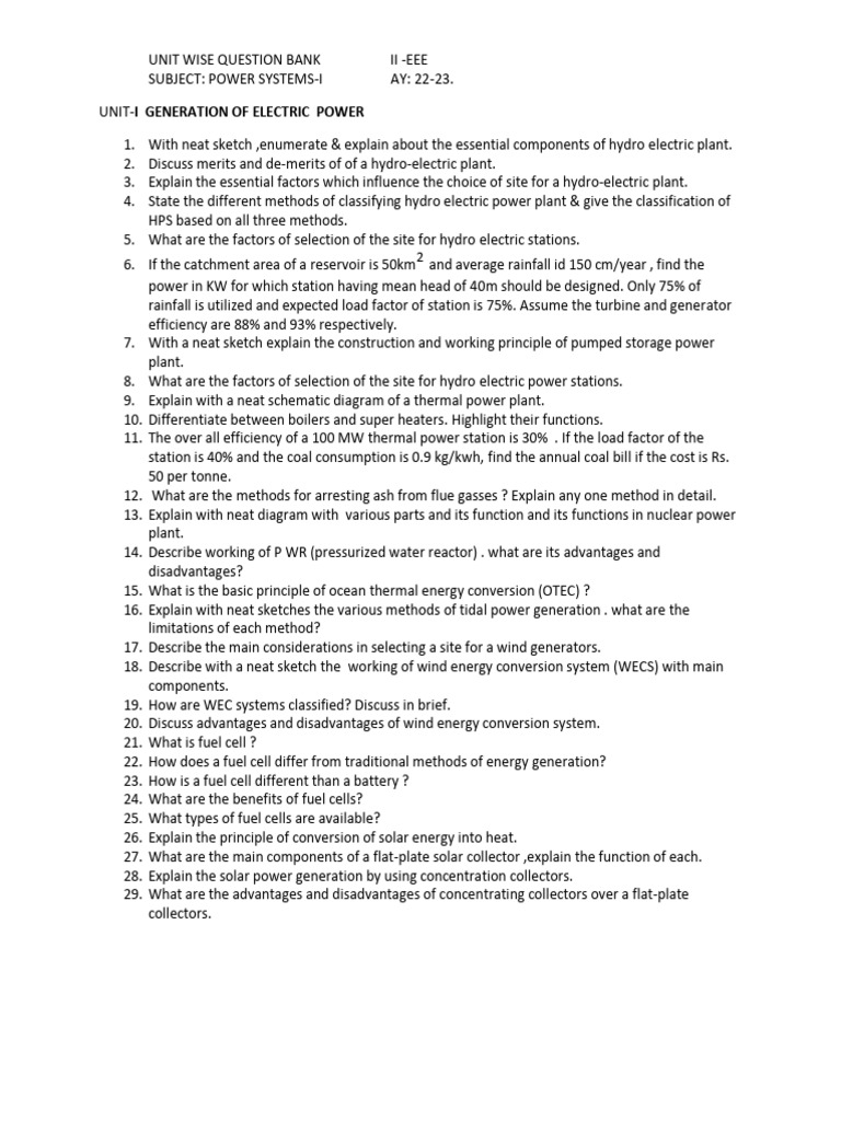 Power Systems - I Question Bank | PDF | Electric Power Transmission ...