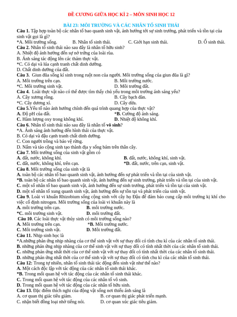 ĐỀ CƯƠNG CHK2 - SINH 12 - GỬI HS | PDF