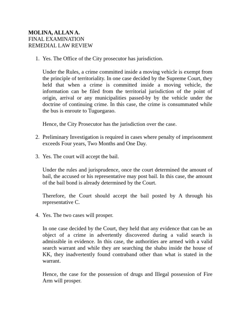 REMEDIAL LAW REVIEW FINAL EXAM | PDF | Bail | Confession (Law)