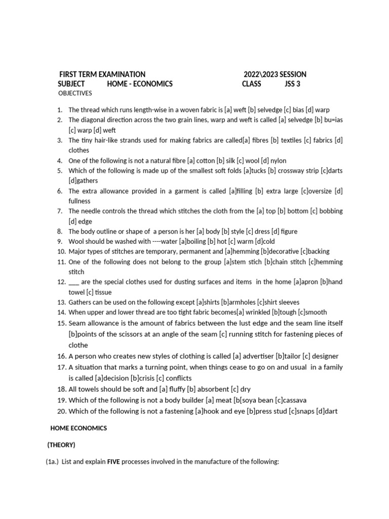Home Economics Exam Questions JSS 1-3 | PDF | Textiles | Crops
