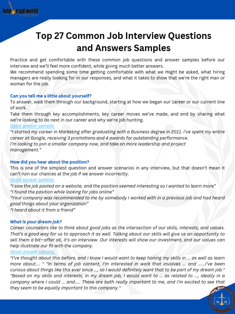 Top 29 Common Job Interview Questions and Answers Samples | PDF | Job ...