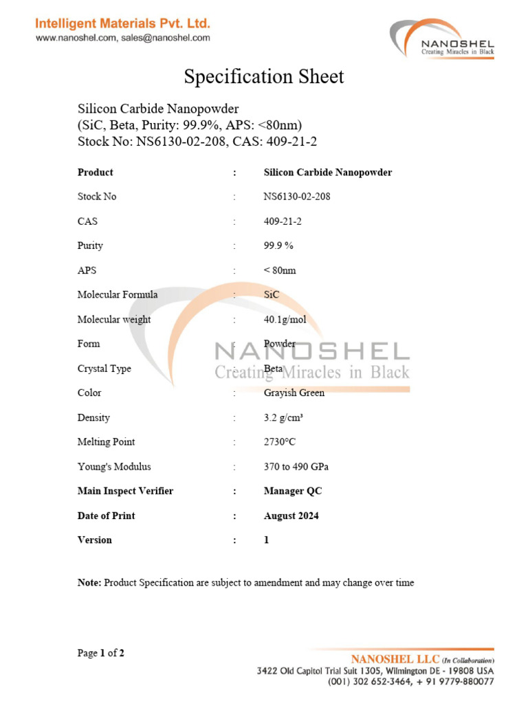 Silicon Carbide Specification Report Sem | PDF
