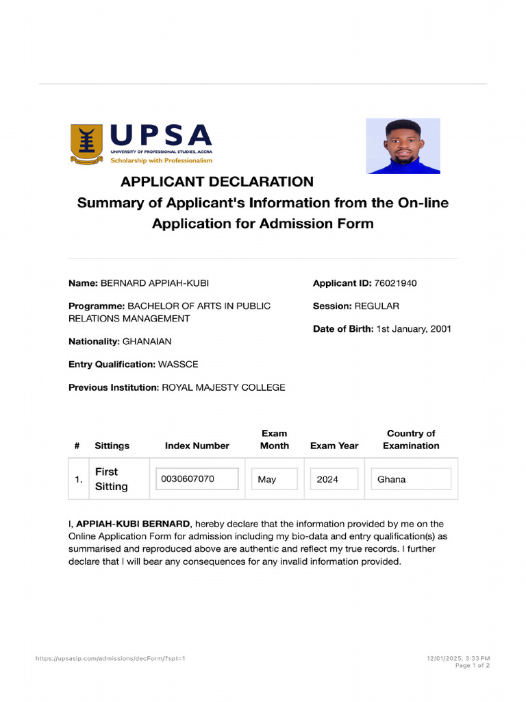 UPSA Admissions Declaration.1 | PDF