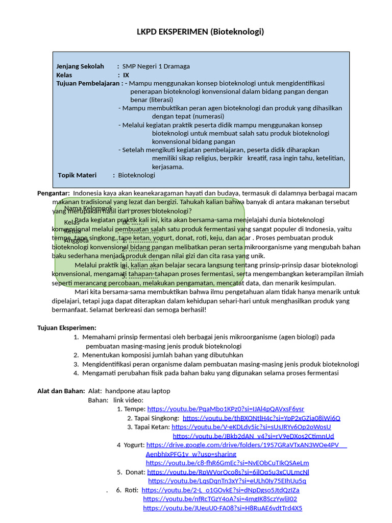 LKPD EKSPERIMEN Bioteknologi B Chitra | PDF