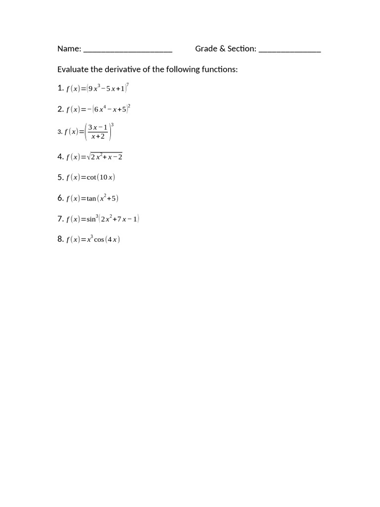 Chain Rule Worksheet | PDF