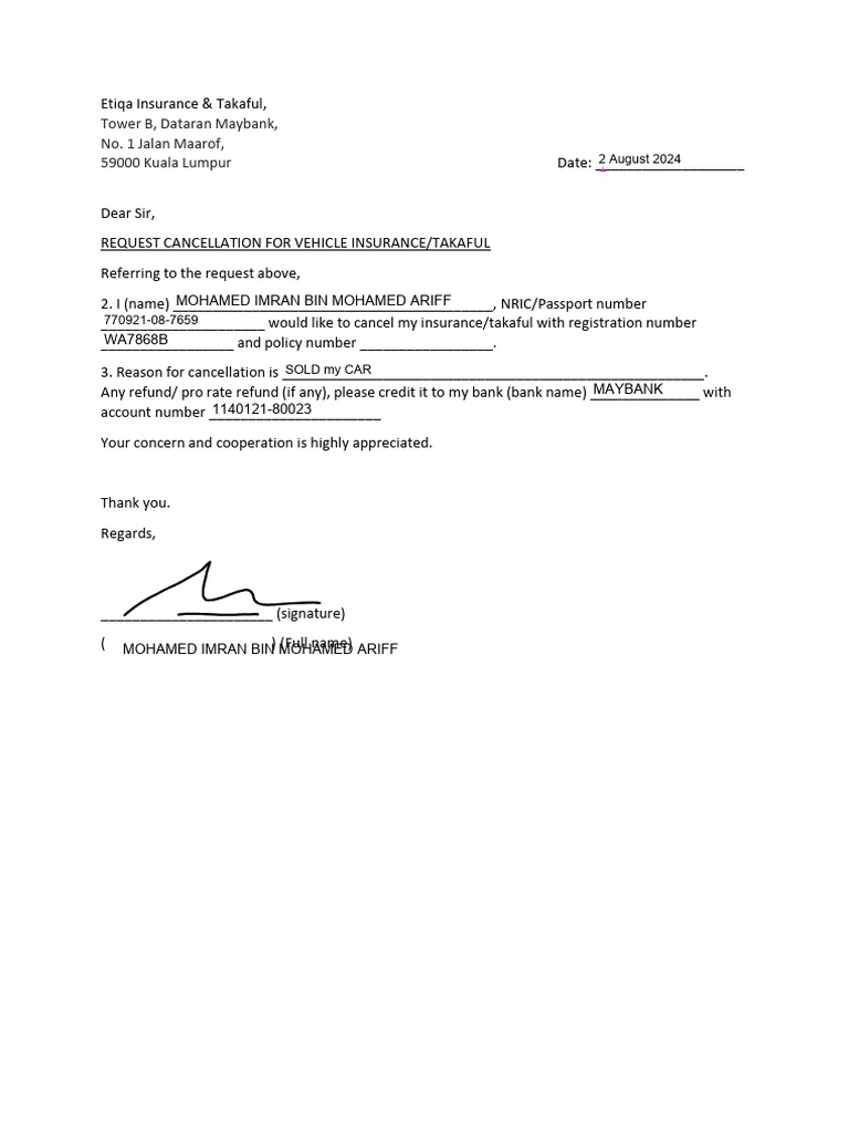 Etiqa-Cancellation FORM | PDF