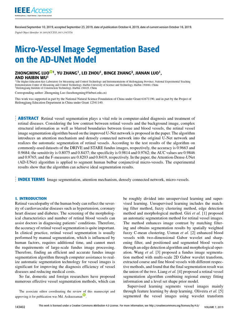 2019 - Micro-Vessel Image Segmentation Based | PDF | Image Segmentation | Receiver Operating ...